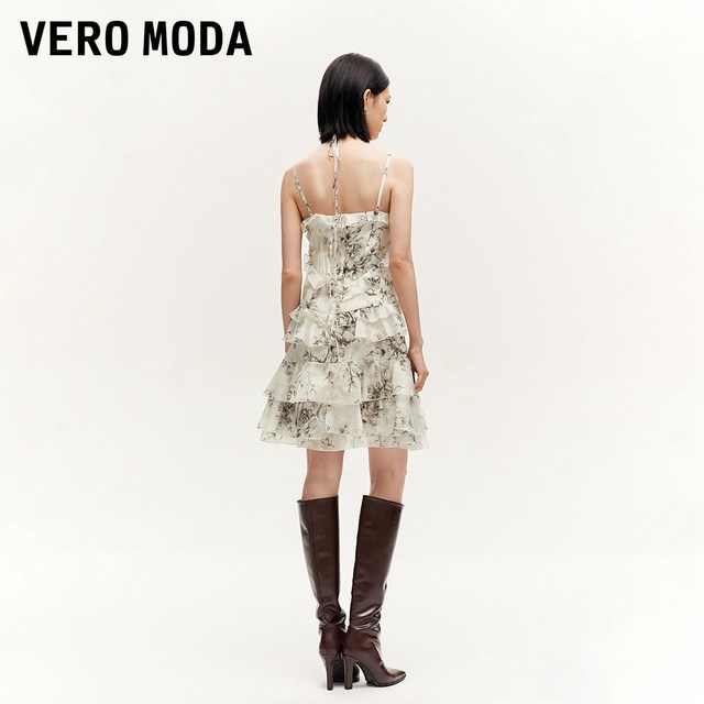 VeroModa dress women's 2024 autumn new style ear-hemmed suspender skirt ink painting print ...