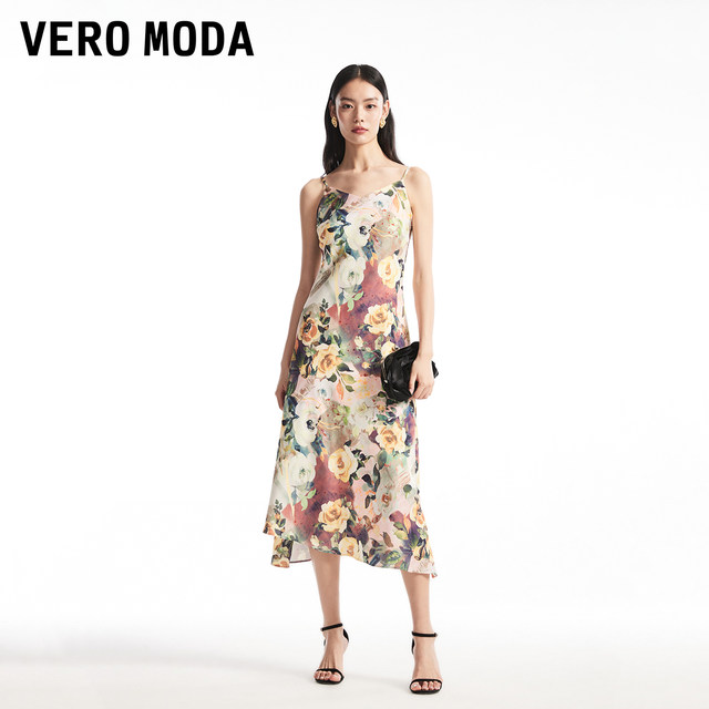 VeroModa dress women's 2024 autumn new V-neck A-hem printed holiday style suspender long skirt