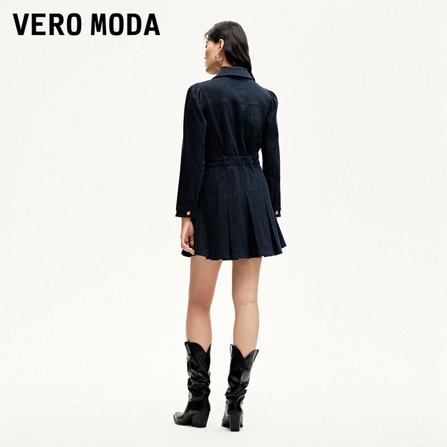 VeroModa dress women's 2024 early autumn new pointed collar long-sleeved pleated denim Yadan ...