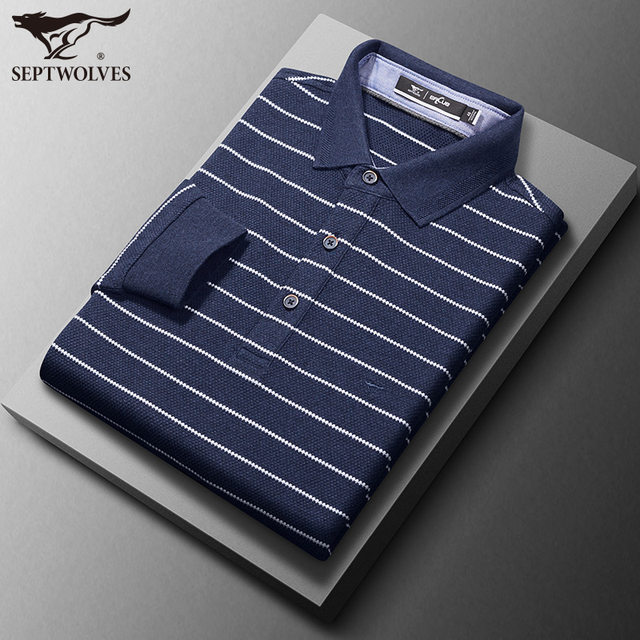 Septwolves long-sleeved T-shirt men's striped autumn middle-aged men's ...