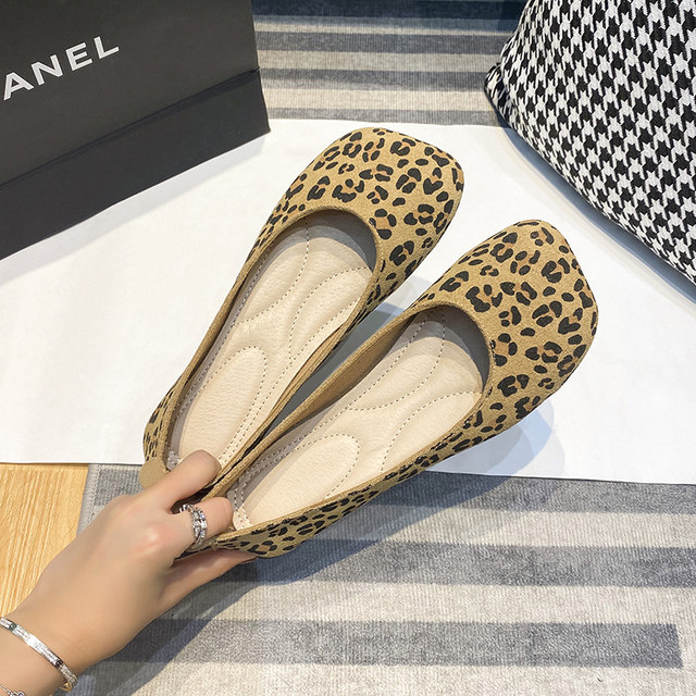Genuine leather French leopard print single shoes for women soft sole ...