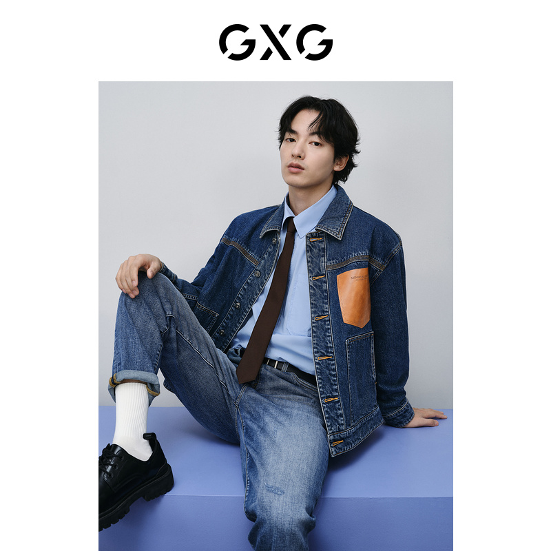 GXG men's PU pocket splicing design denim jacket men's loose trendy denim jacket 24 spring new ...
