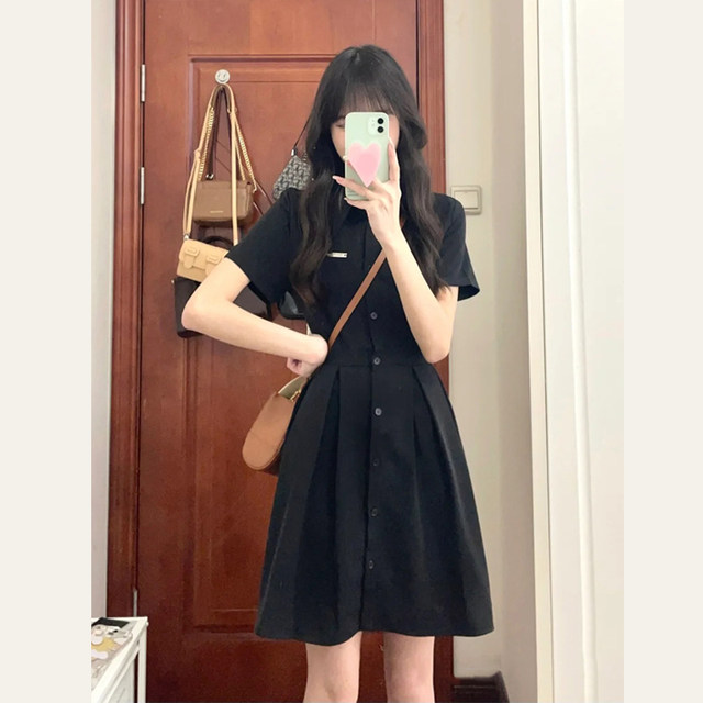 Black polo neck dress for women in summer new style small college style ...