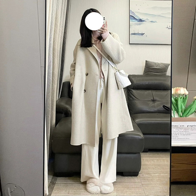 High-end oatmeal color petite woolen coat for women mid-length 2023 ...