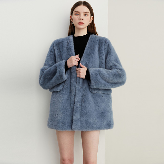 DPLAY2024 new winter style blue fashionable fur coat gold-like ...