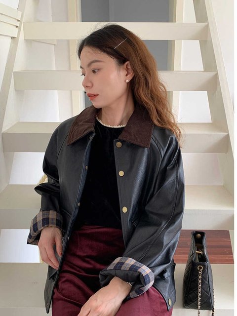 Dajiao female DCN lapel color gold buckle leather jacket retro and ...