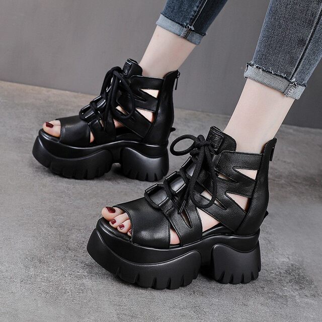 Roman genuine leather inner heightening 9CM fish mouth sandals for ...
