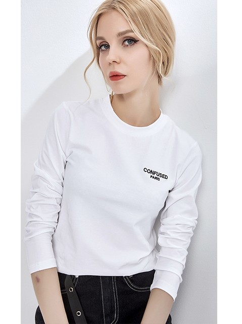White T -shirt Female long -sleeved autumn slim pure white bottoming ...