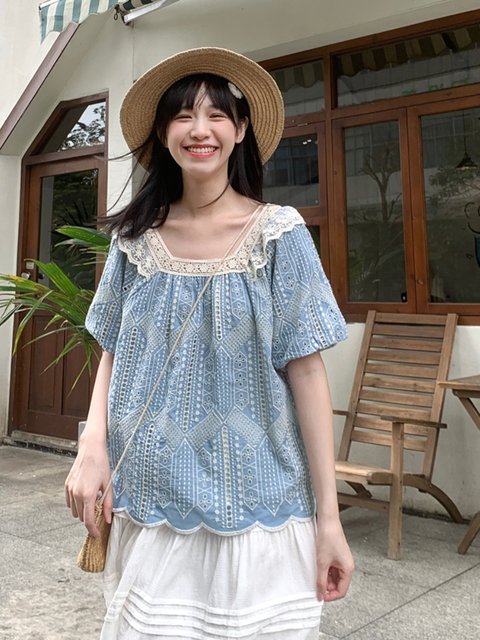 Xiaoyu Liangpin Japanese-Style Lace Collar Blue Short-Sleeve Shirt for ...