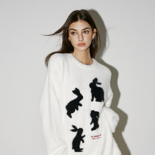 CODICELAB Rabbit Retro Silhouette Mink Fur Round Neck Sweater Versatile ...