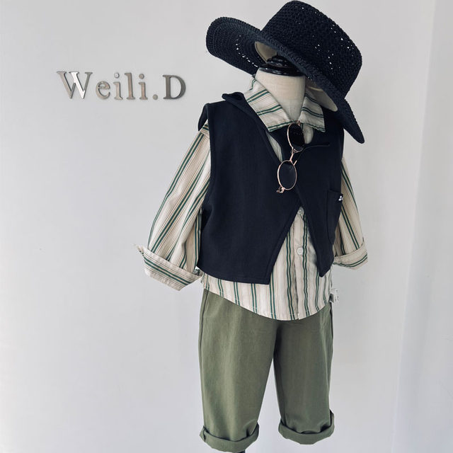 2024 spring new boys' shirt set children's striped shirt vest trousers ...