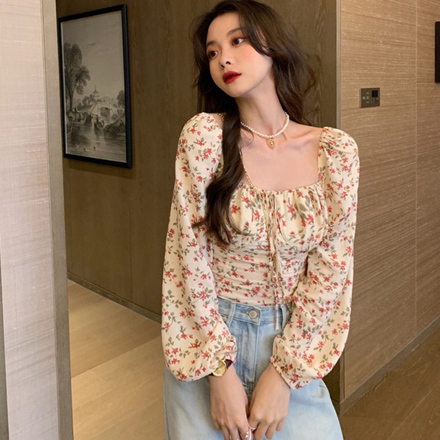 French Floral Square Collar Top Shirt Women's Design Niche Puff Sleeve ...