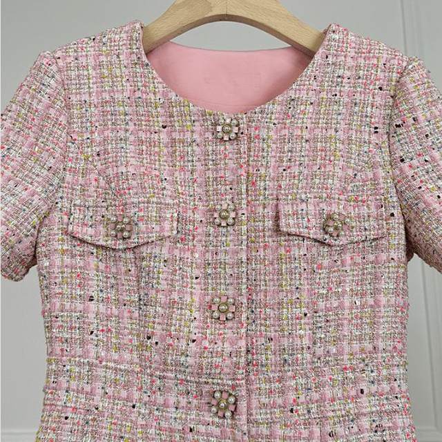 Niwei 2024 new small incense breeze ladies light luxury pearl single buckle woven pink coarse ...