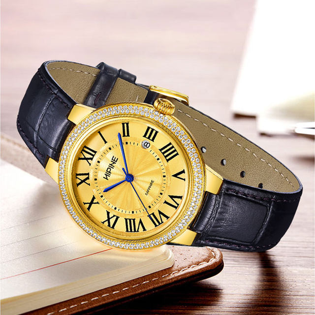 Round double row diamond watch for women imported quartz movement gold ...