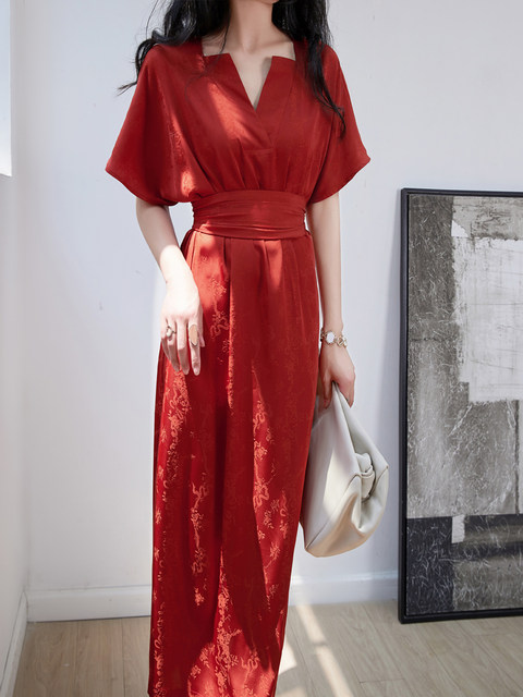 Hepburn style wine red V-neck acetate long dress for women's summer ...