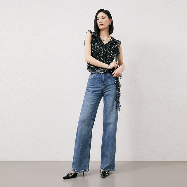 Pupu asymmetric ruffled flower crushing female 2024 summer new V -neck ...