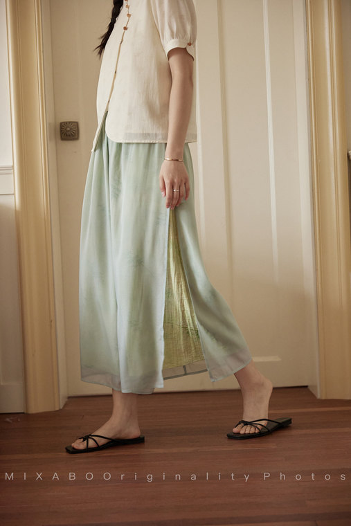 MIXABO New Chinese Style Bamboo Leaf Printed Wide Leg Pants Women's ...