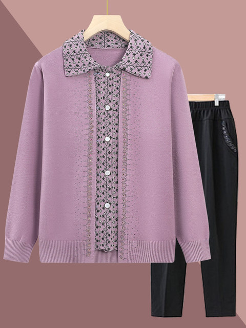 Grandma autumn sweater new style elderly women casual lapel fake two ...