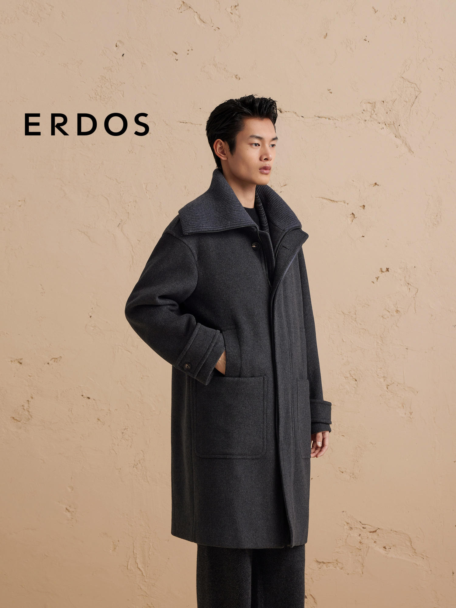 ERDOS 绒毛混纺大衣秋冬男士中长款廓形拉链派克外套-淘宝网