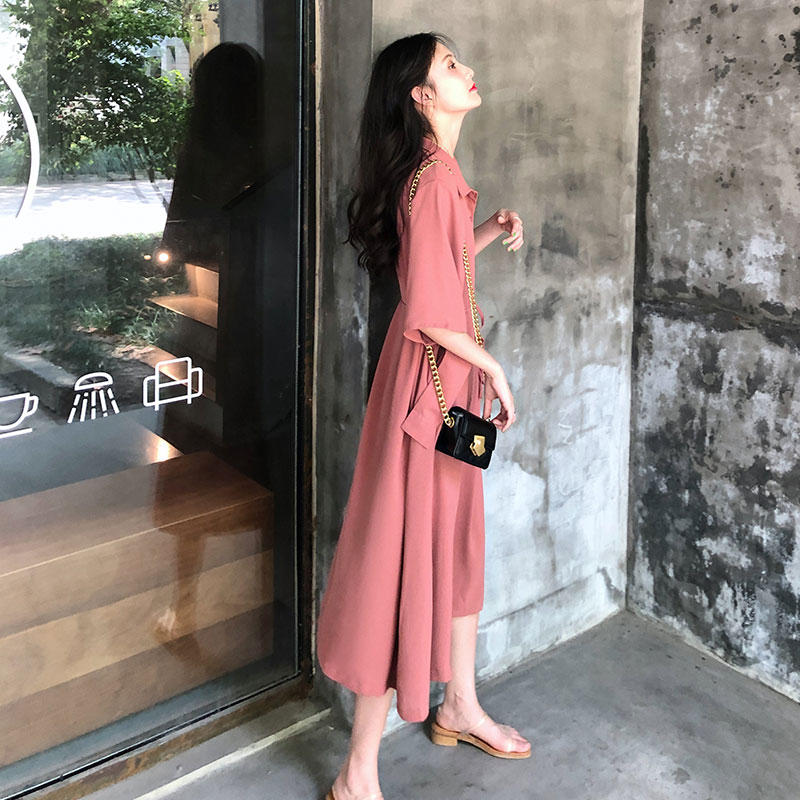 砖红色连衣裙夏新款韩版收腰显瘦中长款复古气质衬衫领茶歇裙-淘宝网