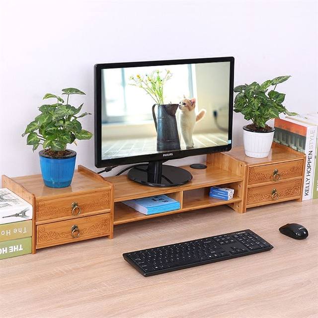 Desktop computer monitor heightening shelf bamboo solid wood ...