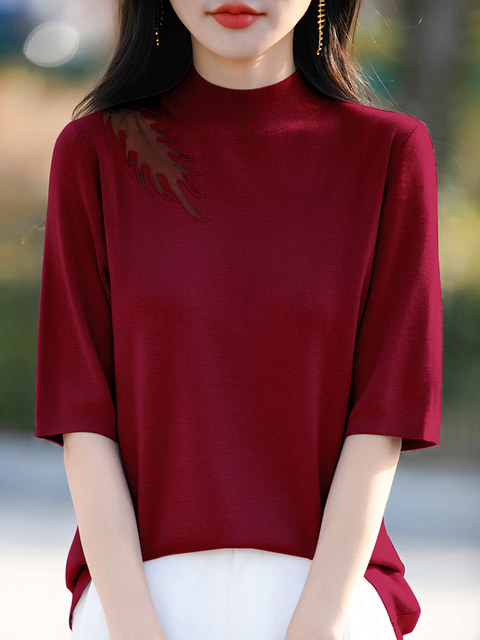 Half-high neck worsted wool sweater for women's lace hollow knitted ...