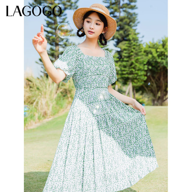 Lagogo Lagogu summer new forest style sweet square neck tie chiffon ...
