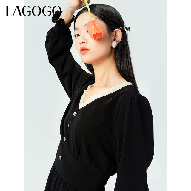 Lagogo Lagu Valley Black Wooden Ear Lamous dress Female Spring New Gentle French Vedic Black Skirt