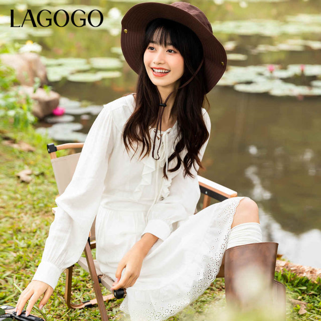 Lagogo Lagugu Bohemian Hollow Lace Dress Women's 2024 Spring and Autumn White Ruffle Skirt