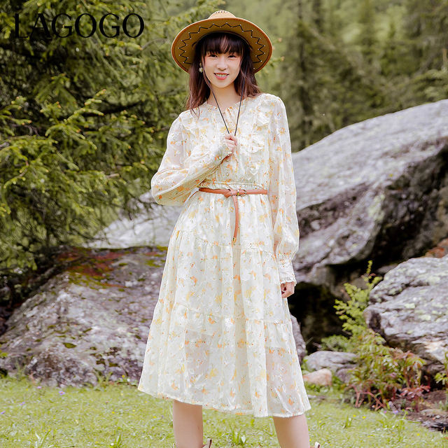 Lagogo Lagogu autumn new style temperament ruffled chiffon floral long ...