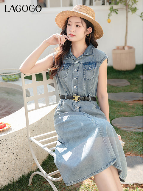 LAGOGO Lapel Blue Denim Dress Women's Lagugu Valley 2025 Summer New ...