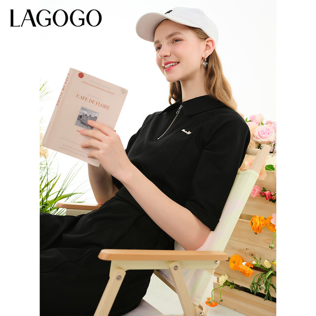 Lagogo Lagogu black casual polo collar dress women's 2024 summer new style temperament waist ...