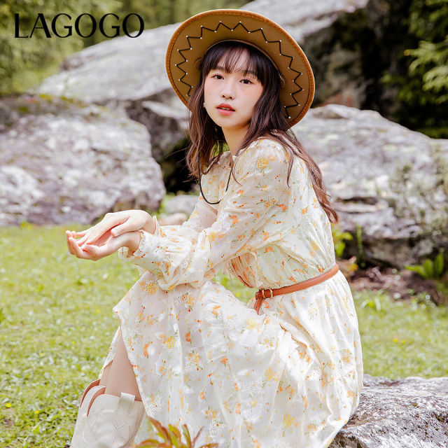 Lagogo Lagogu autumn new style temperament ruffled chiffon floral long ...