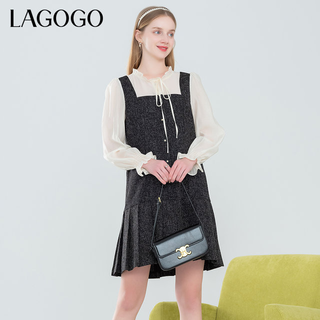 Lagogo Lagogu retro contrasting color stitching pleated skirt 2024 ...