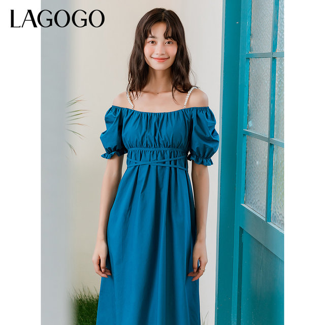 Lagogo Lagogu Xia new blue dopamine wear suspenders off-shoulder lady dress women's waist slimming