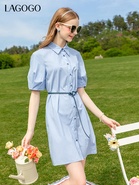 LAGOGO simple lapel loose belt dress for women Lagugu Summer new A-line ...