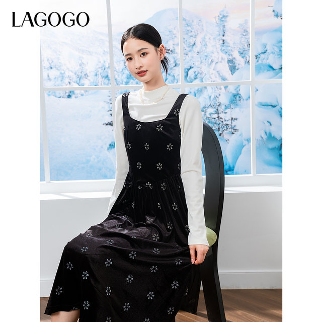 LAGOGO Lagugu waist dress women's 2024 winter new wide shoulder strap ...