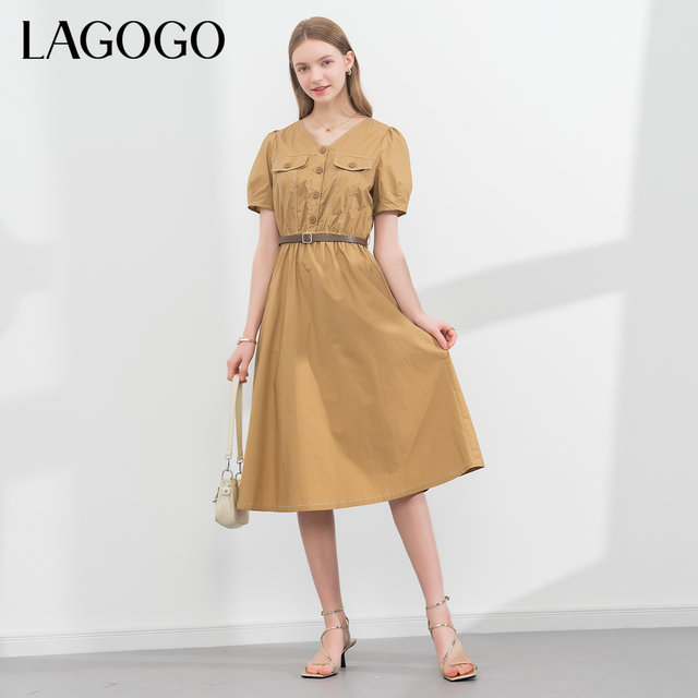 Lagogo Lagogo Maillard pure cotton dress women's 2024 summer new V-neck A-line puff sleeve retro ...