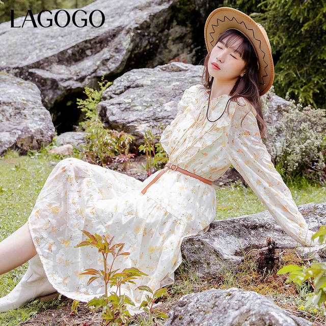 Lagogo Lagogu autumn new style temperament ruffled chiffon floral long ...