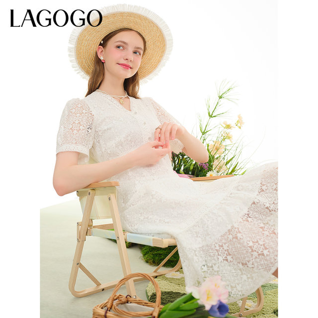 Lagogo Lagugu temperament white V-neck lace dress women's 2024 summer ...