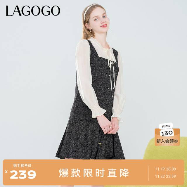 Lagogo Lagogu retro contrasting color stitching pleated skirt 2024 ...