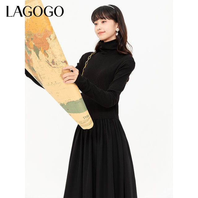 Lagogo Lagogu high collar knitted black dress for women 2024 spring new temperament splicing ...
