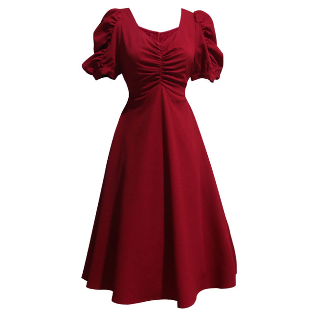 French retro red dress with puff sleeves, palace style first love skirt ...