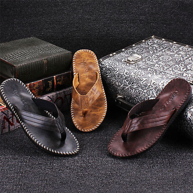 Factory price trendy men's summer flip-flops, comfortable leather ...