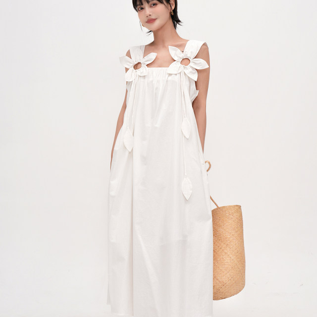 Tan Yanmi white suspender dress for women niche design long skirt solid ...