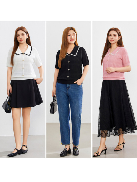 Xianli show large size women's summer new contrasting lapel sweater ...