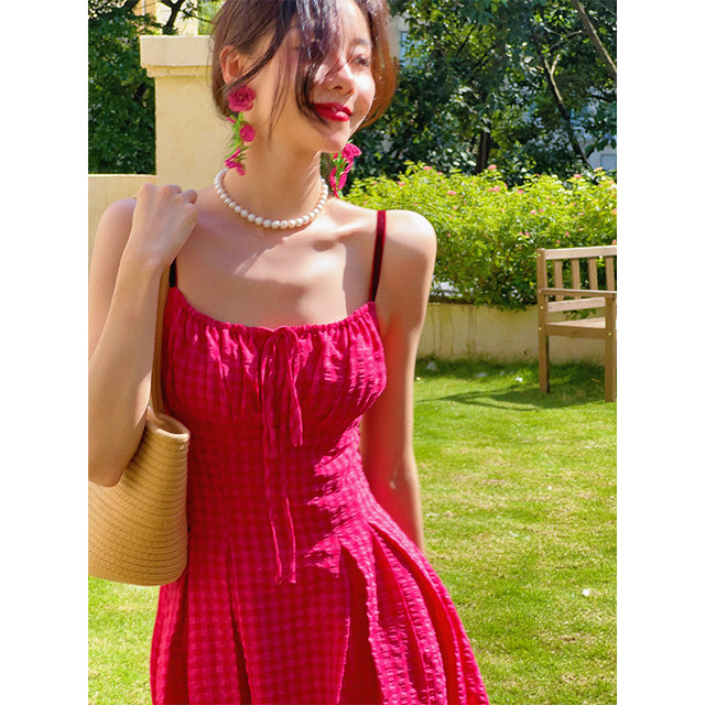 Haze Hezhi Hong Kong Style Red Plaid Sling Dress Female Summer Temperament