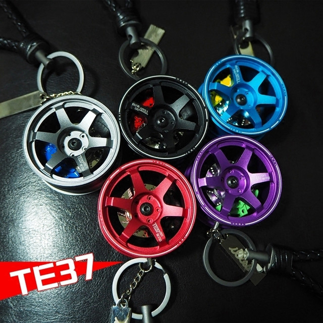 Trendy rim modified car metal TE37 hub keychain key chain car leather ...