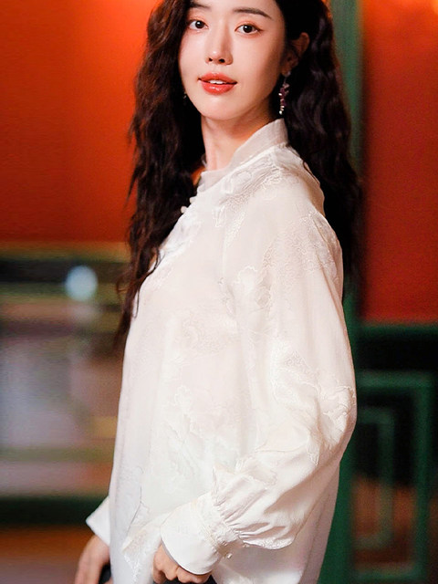 Retro diary 'Su Ying'100 Mulberry Silk Peony Jacquard Fully Open-Class Chinese Style White Shirt ...