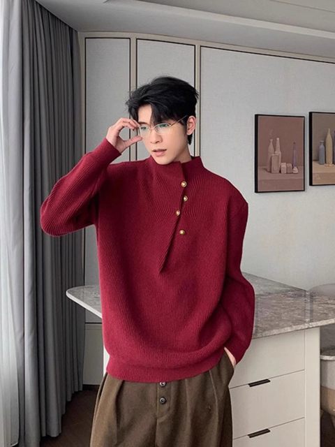 Red heavy 880g metal button sweater men's winter loose casual retro ...